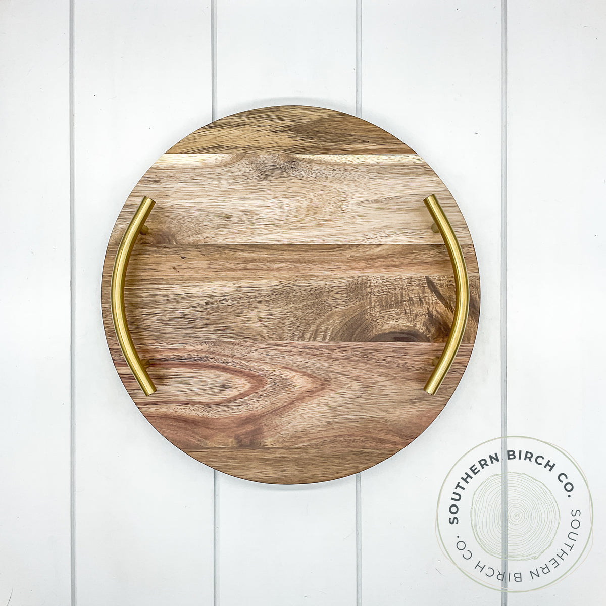 Acacia Wood Round Tray (Gold Handles) | Southern Birch Company